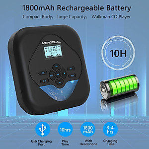 MONODEAL CD Player Portable,Bluetooth CD Player with Speakers,Rechargeable Walkman CD Player for Car and Home,Small Anti-Skip CD Player with Dual Headphone Jacks,WAV/FLAC/MP3/CD Compatible