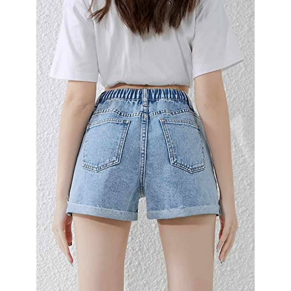 SweatyRocks Girl's Elastic Waist Ripped Jean Shorts Roll Up Hem Straight Leg Hot Pants Denim Shorts Light Wash 12-13Y