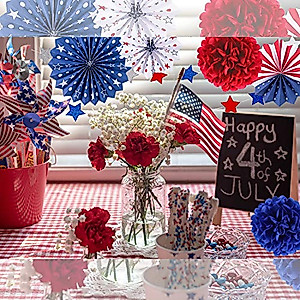 Cmaone 25Pcs Patriotic Party Decorations Set, 4th of July American Flag Party Supplies Hanging Paper Fans, Pom Poms, Red White Blue Star Garland, Tassel Garlands String, American Theme Party Decor