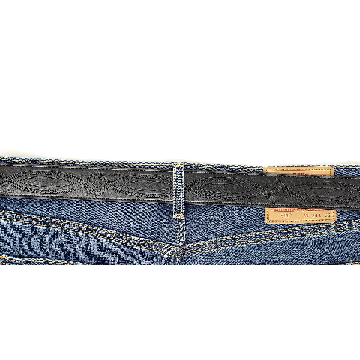 BC Belts Leather Belt Strap with Fancy Saddle Stitch Embossed Pattern 1.5" Wide with Snaps (Black-S)