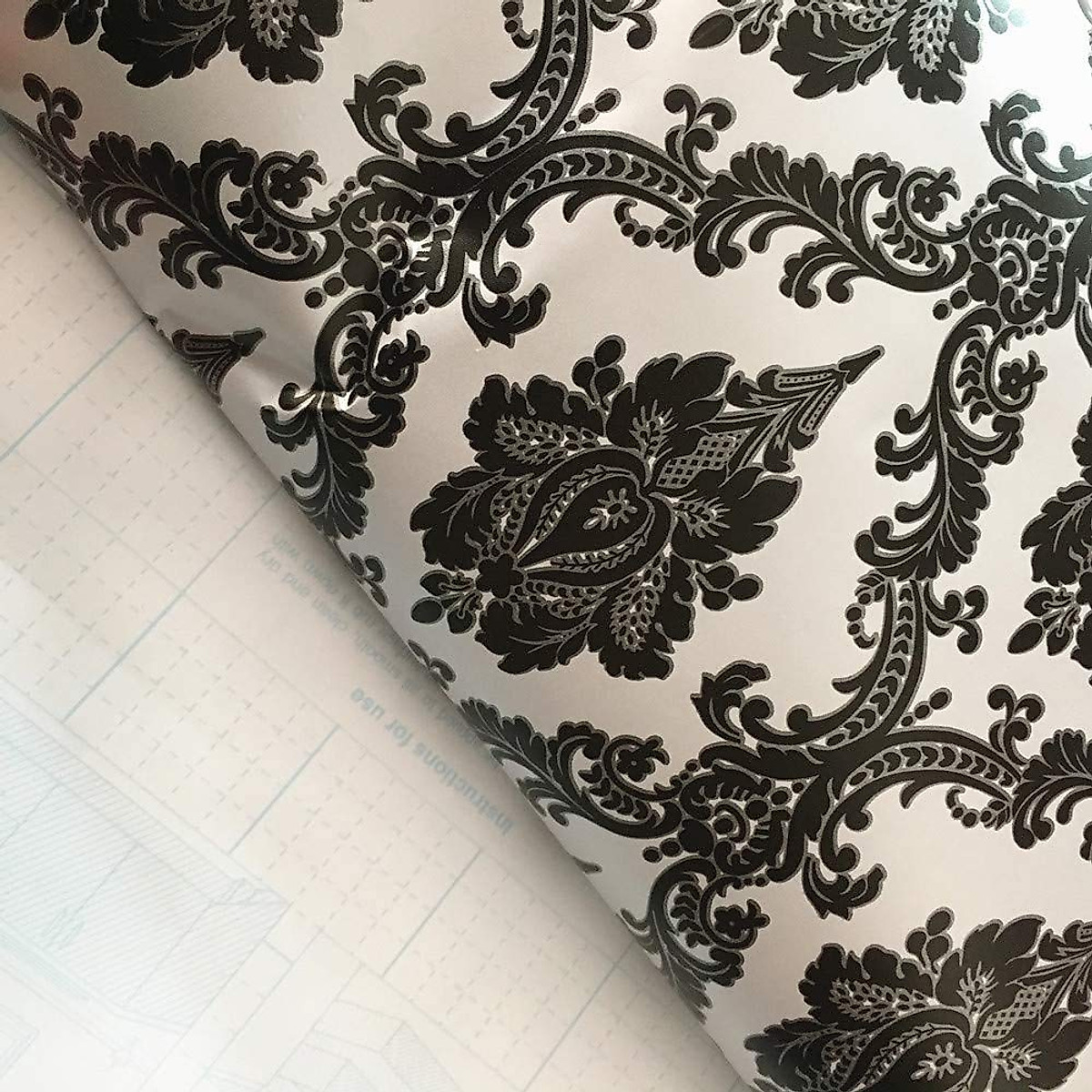 REDODECO Vintage Black Damask Adhesive Paper Shelf Liner Peel & Stick Dresser Drawer Sticker Home Deco Wallpaper 17.7inch by 100inch