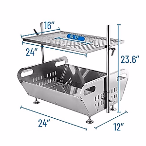 Skyflame Outdoor Fire Pit Grill Combo - Stainless Steel Wood Burning Fire Pit with Height Adjustable Cooking Grate Camping Grill Kit for Backyard Patio Hiking Backpacking Picnic Travel Tailgating
