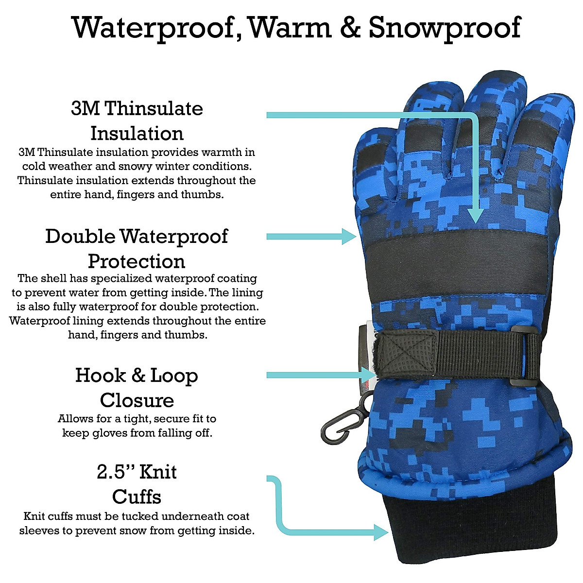 N'Ice Caps Kids Waterproof Winter Thinsulate Warm Gloves (Blue Digital Camo, 10-12 Years)