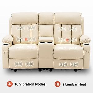 MCombo Electric Power Loveseat Recliner, Faux Leather Power Reclining Sofa with Heat and Massage, USB Ports, Cup Holders for Living Room 6095 (Cream White, Loveseat Recliner with Console)