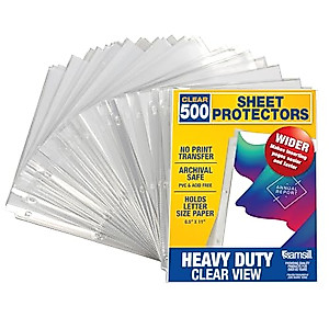Samsill 500 Clear Heavyweight Sheet Protectors, 3.3 Mil Thickness, Top Loading / 3 Hole Design Page Protectors, Archival Safe for Photos or Printed Copy, Holds Multiple 8.5 x 11 Sheets, Bulk 500 Pack