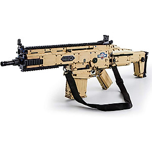 FULHOLPE Gun Building Block, 1406+Pcs Manually Loaded Shooting Blaster Model Kit with Motors, Motorized Military FN Scar 17S Assault Rifle Weapon Building Kit Compatible with Major Brands