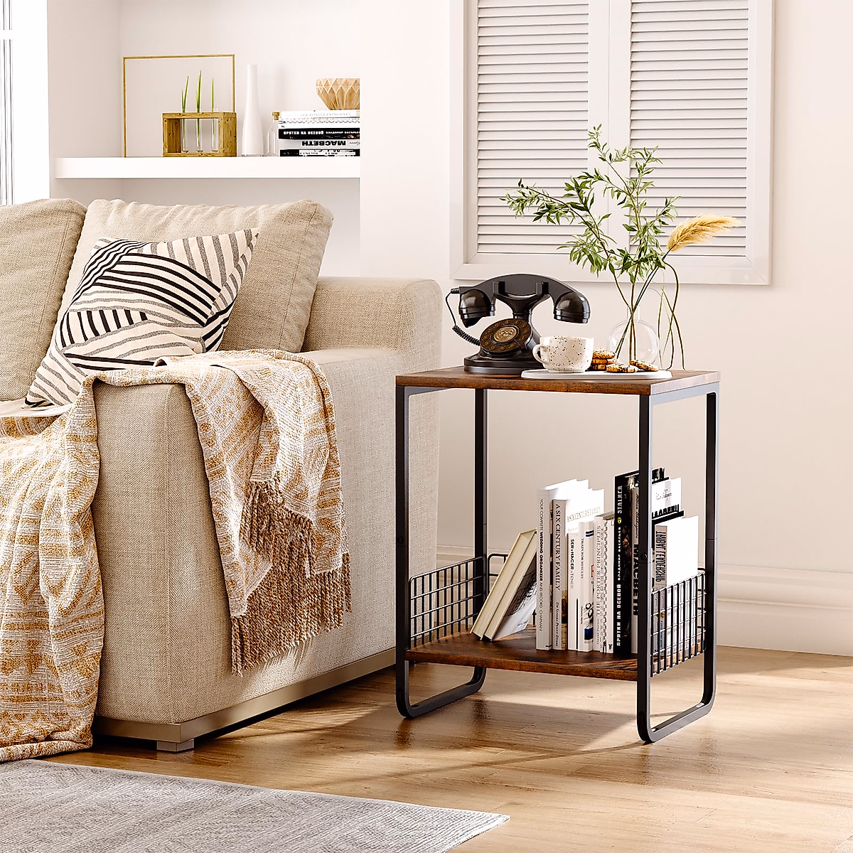 Emfogo Record Player Stand, 2 Tier Record Player Table Turntable Stand with Vinyl Record Album Storage, Retro Nightstand Small End Table for Living Room Bedroom Office(Rustic Brown)