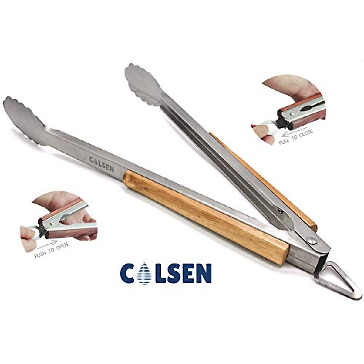 COLSEN Heavy Duty 3-Piece BBQ Grilling Tool Set, Stainless Steel Tongs, Spatula, & Fork, Kitchen Utensils Set, Camping Accessories, Brown