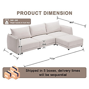 QIUKIU Convertible Sectional Sofa with Ottoman, Chenille L Shaped 3 Seat Modular Sectional Sofa Couch with Mobile Footsool, Modern Upholstered Sofa with Arm for Living Room, Apartment, Office, White