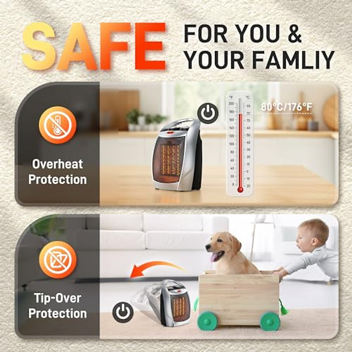 Rintuf Small Space Heater, 1500W Electric Heater, PTC Fast Heating Ceramic Heater w/ 3 Modes, Adjustable Thermostat, Overheat/Tip-Over Protection, Portable Heater for Office Room Desk Indoor Use