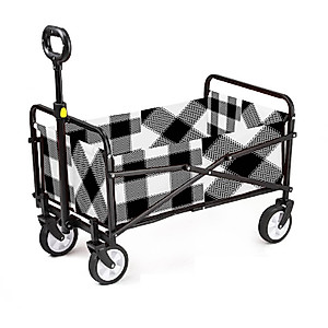 Collapsible Wagon Cart Buffalo Check Plaid Set in Black and White Seamless Monochrome Neutral Foldable Utility Wagon Large Capacity Garden Cart with Push Bar for Beach Camp Outdoor Shopping