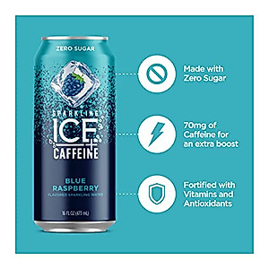 Sparkling Ice +Caffeine Blue Raspberry Sparkling Water, with Antioxidants and Vitamins, Zero Sugar, 16 Fl Oz (Pack of 12)