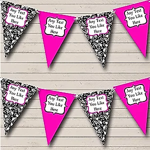 Hot Pink White Black Damask Personalized Hen Do Night Party Bunting Banner