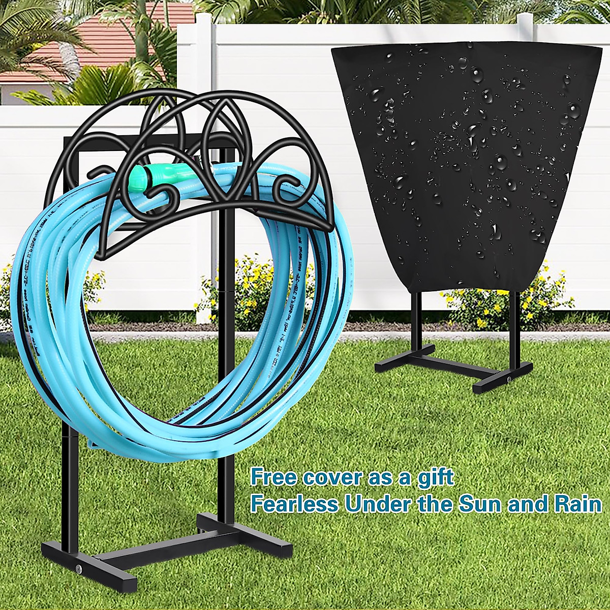 Garden Hose Holder with Hose Cover Detachable Water Hose Holder Sturdy Garden Hose Reel Decorative Free-standing Hose Hanger - 4 Solid Prongs for Outdoor Hose Storage- Fits 145- Feet of Hose