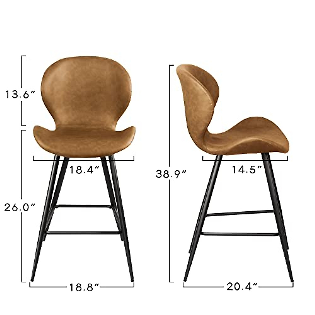 KithKasa Counter Height Bar Stools Set of 2 with Back, Mid Century Modern PU Leather 26" Kitchen Island Barstools with Metal Legs for Dining Room Kitchen Counter Pub Brown