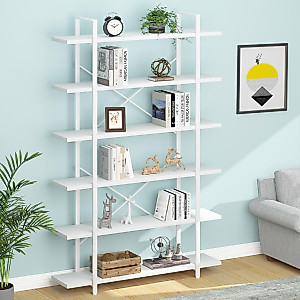HSH 6 Tier Tall White Bookshelf, Industrial Modern Vertical Metal and Wood White Bookcases 6 Shelf,Farmhouse Open Large Storage Book Shelves & Display Book Shelf for Bedroom Living Room Office