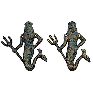 Green Cast Iron King Neptune Wall Hooks, Set of 2, 6.5 Inches