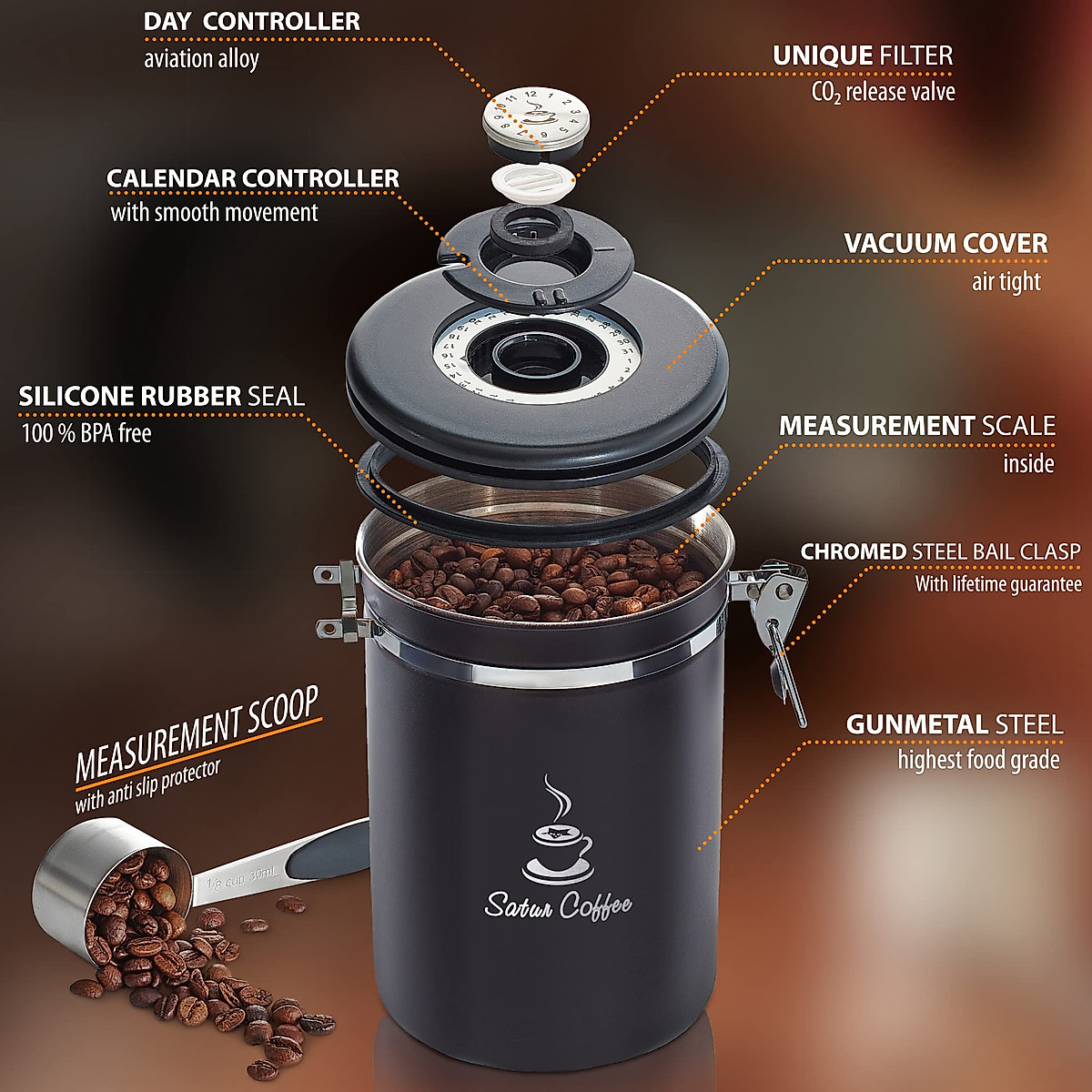 Coffee Canister Airtight Coffee Container - Stainless Steel Coffee Storage for Beans, Grounds, Tea, Sugar - Coffee Containers with Date Tracker, Scoop, CO2 Valve Filters, Large Coffee Jar 22oz, Black