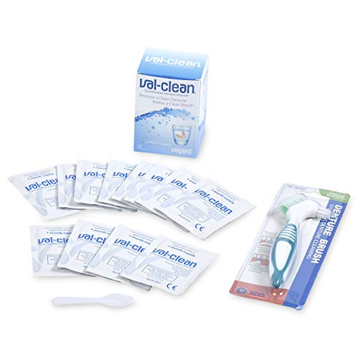 Val-Clean Concentrated Denture Retainer Partials and Night Guard Cleaner Powder BUNDLED with Denture Cleaning Brush AND Handy Denture Care Reference Card