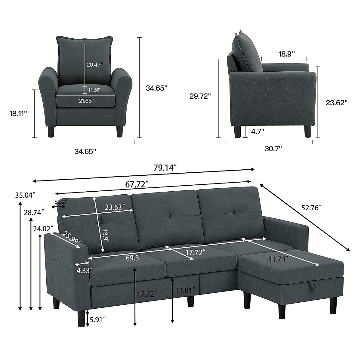 Chireca Convertible Sectional Sofa Set, Small L Shaped 3-Seat Couch with Reversible Chaise and Accent Chair, Modern Polyester Sofas Couches for Living Room, Dark Grey