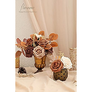floroom Artificial Flowers 25pcs Real Looking Earth Tones Ombre Colors Foam Fake Roses with Stems for DIY Wedding Bouquets Bridal Shower Centerpieces Party Home Decorations