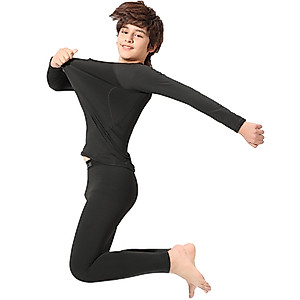 Rolimaka 2 Pack Youth Boys' Thermal Underwear Set Fleece Lined Compression Shirt Leggings Sports Tights Pants Big Kids' Base Layer S