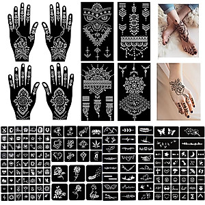 QSTOHENA Pack of 12 Henna Temporary Tattoo Stencil Kit - 145Pcs Glitter Airbrush Tattoo Sticker Indian Arabian Black Henna Tattoo Temp for Women Kids