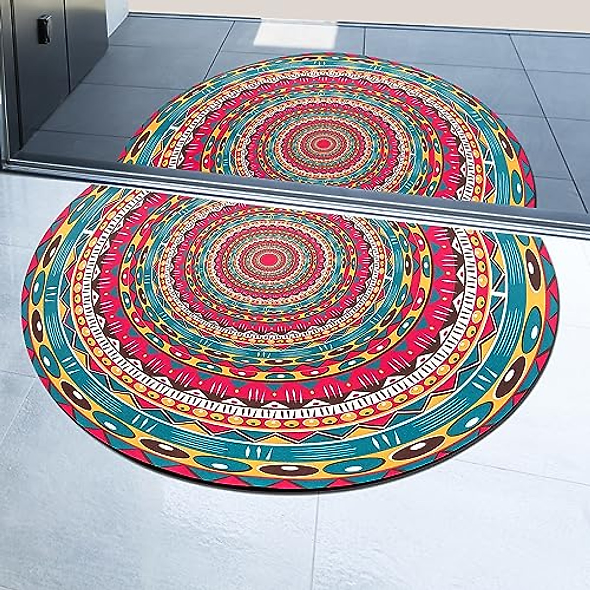 ROOSFEINE (2 PCS) Boho Red Green Half Round Outdoor Door Mat,Diatomaceous Earth Entrance Indoor Non Slip Doormats Mats,Bohemian Resist Dirt Washable Mat,36''x24'' (f1)