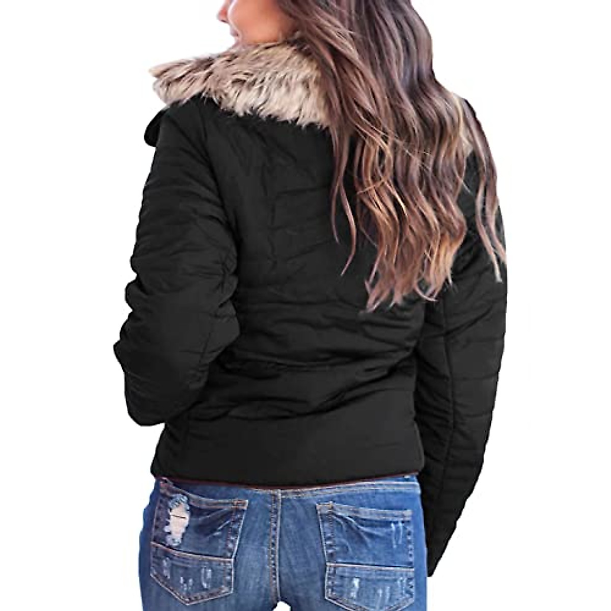 Dokotoo Womens Casual Ladies Winter Faux Fur Collar Zip Up Open Front Quilted Puffer Jacket Coat Outerwear with Pockets Black Small