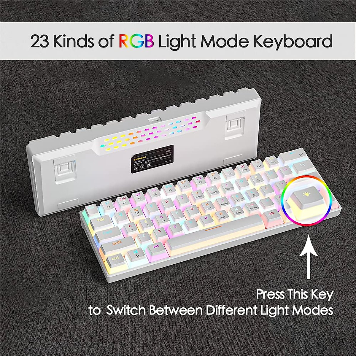 abucow Mechanical Keyboard Wired 60% Gaming Keyboard with 18 Style Colorful RGB Backlit Custom 63 Swappable keycaps (White&RGB)