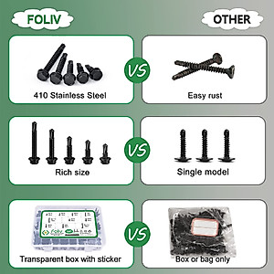 FOLIV 385PCS #8 Self Drilling TEK Screw Assortment Kit, 410 Stainless Steel Black Self Tapping Tcrews, Hex Washer Head & Modified Truss Head Black Screws, Length 1/2" to 1-1/4"