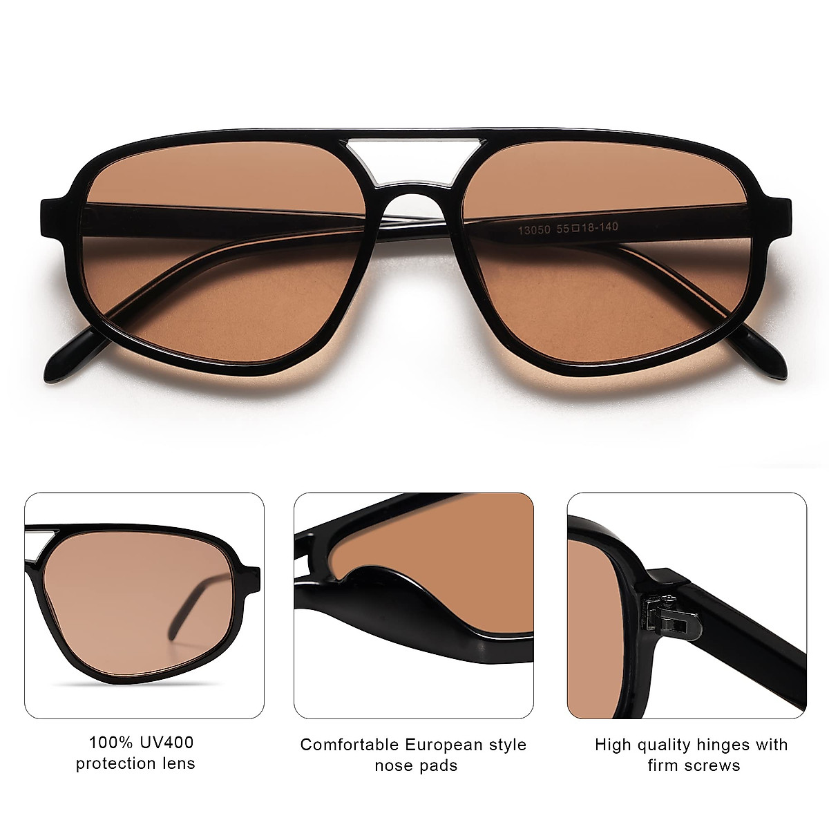 SOJOS Aviator Sunglasses for Women & Men, Retro, Double Bridge, Trendy lightweight, 90s Shades (SJ2247, Black Brown)