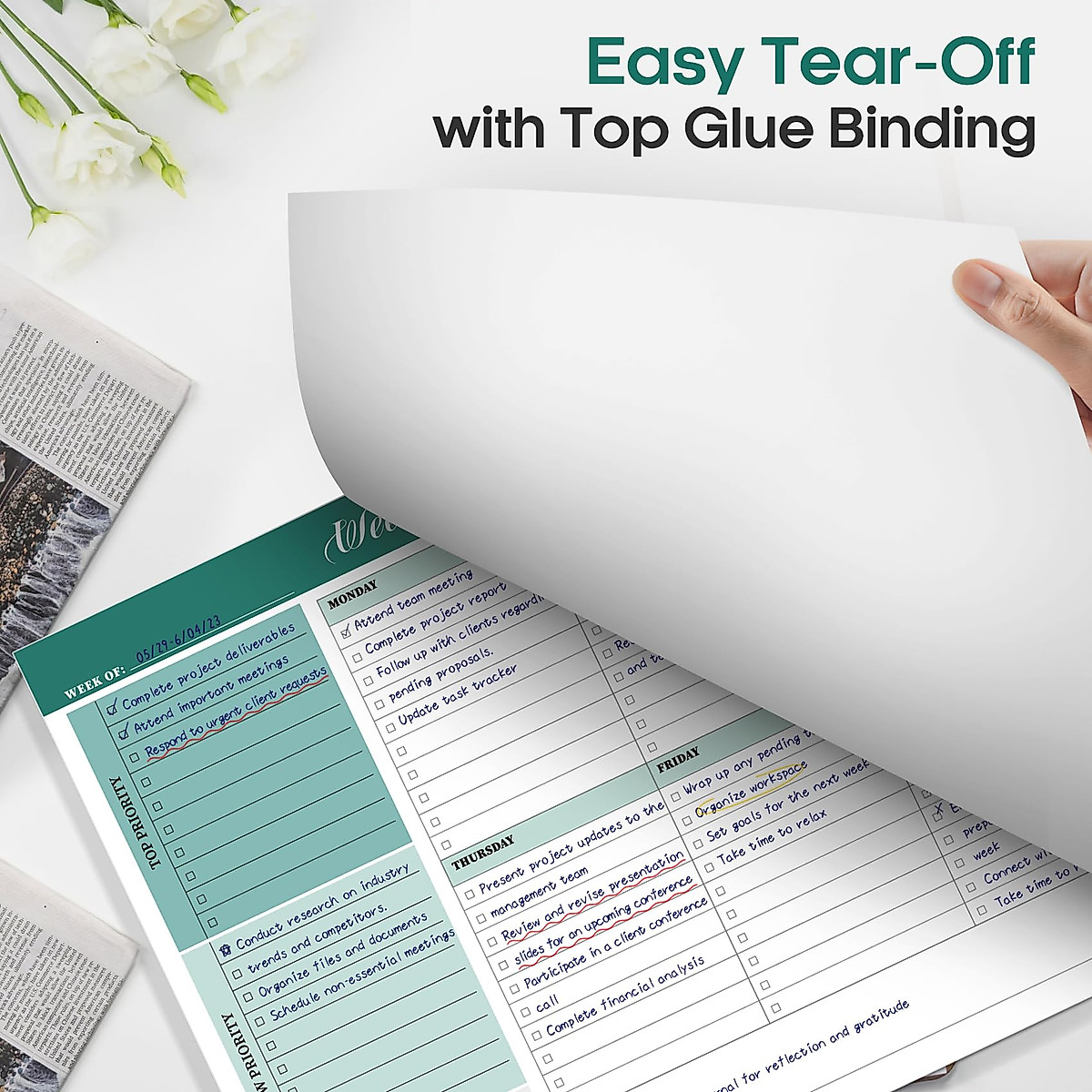 Weekly To Do List Notepad with 52 Tear Off Sheets（8.5"×11"）- Undated Weekly Desk Planner for Women & Man,Work and Home-Greenery Sway