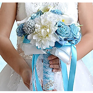 Abbie Home Real Touch Calla Lily Dahlia Bridal Bouquets Crystal Light Blue Ribbon Beach Wedding Rose Flowers Décor (B Round Bouquet)