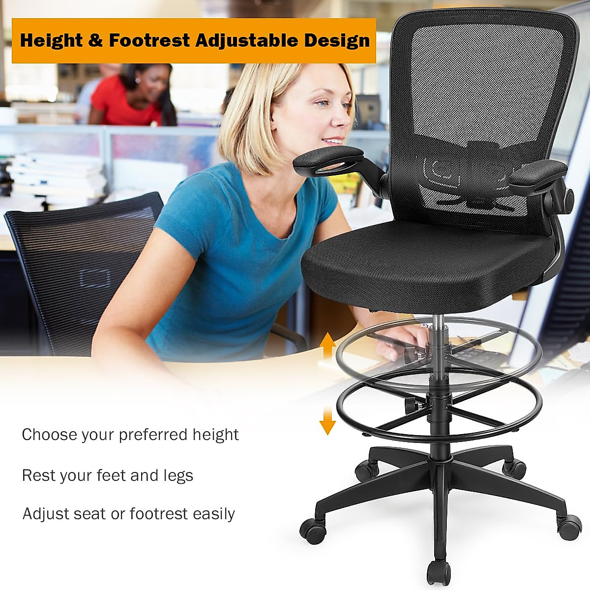 Giantex Drafting Chair High Back Office Chairs with Footrest Ring Flip-Up Armrest Height Adjustable Executive Desk Chair Ergonomic Mesh Computer Task Chair Lumbar Support Tall Office Chair (1)