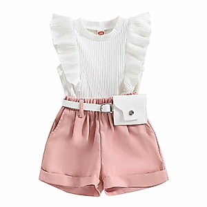 Kid Toddler Baby Girl Summer Outfits Ruffled Sleeveless Ribbed Tops Elastic Waist Shorts with Belt Outfit Set (A-White Pink, 3-4 Years)