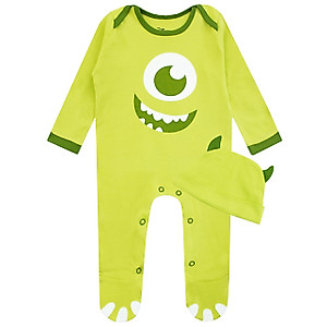 Disney Monsters Inc Baby Onesie With Hat| Mike Wazowski Baby Halloween Costume | Monsters Inc Baby Footed Pajamas and Hat | Green 6-9M