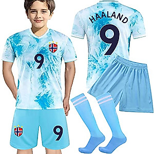 Casmyd Kids Youth HAA’landd Jersey+Soccer Shorts for Boys #9 Halland Norway Football Sports Team Ice Graphic T-Shirt Kit Blue