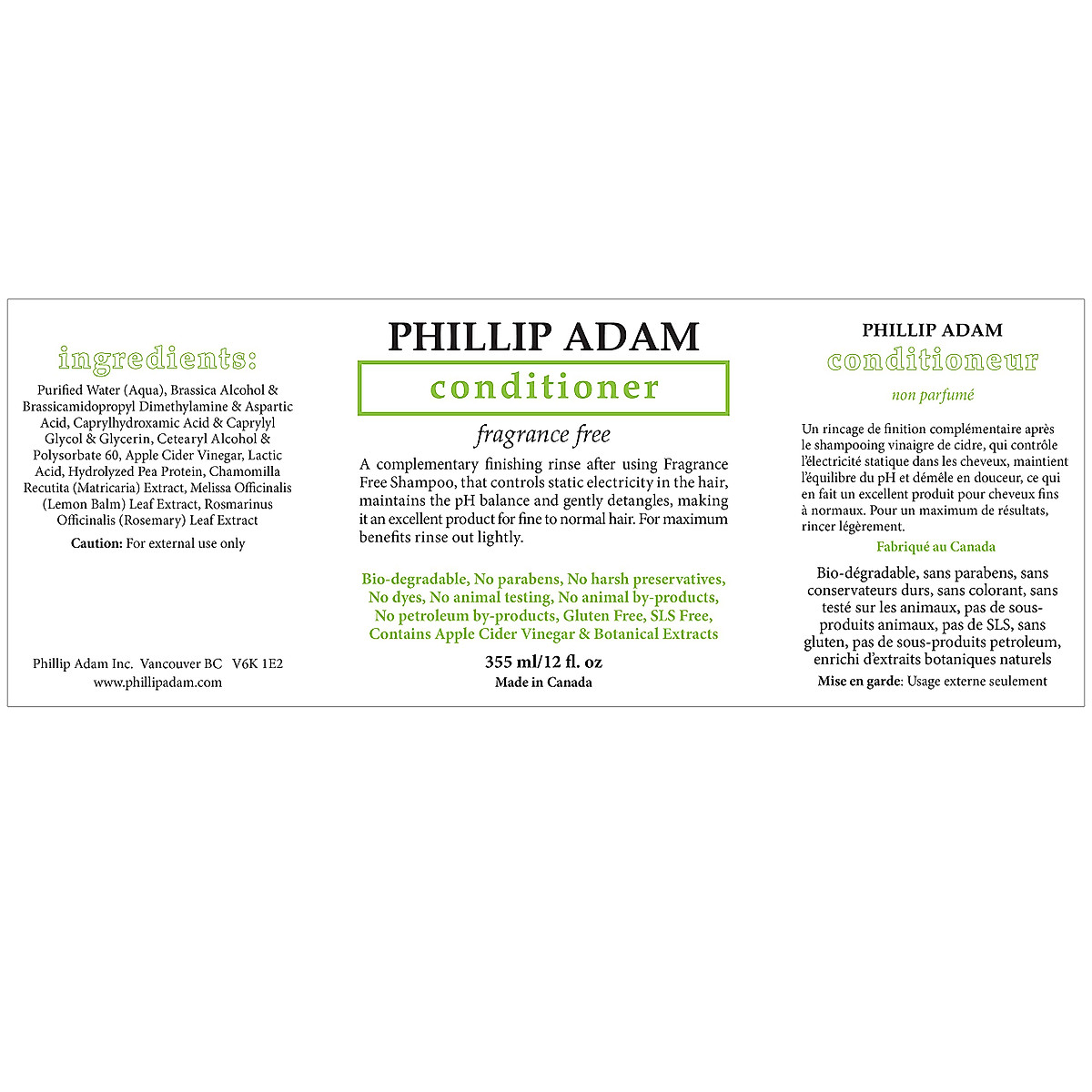 Phillip Adam Fragrance Free Conditioner - Apple Cider Vinegar Formula - No Parabens - For All Hair Types - 12 Ounce