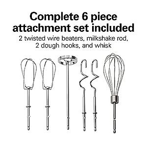 Hamilton Beach Electric Hand Mixer with Snap-On Case, Twisted Wire Beaters, Milkshake Rod, Dough Hook, Whisk, 6-Speed, Black