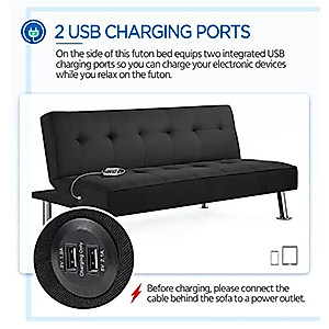 Convertible Folding Futon Sofa Bed,Modern Fabric Sleeper Couch Bed with 2 USB Ports,Recliner Sofa with Chrome Legs for Living Room Dorms Apartment Office