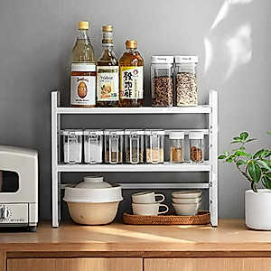 Spakoo Iron Countertop Shelf, Adjustable 3-Tier Cupboard Cabinet Organizers, Non-Perforated Corner Storage Shelves Rack for Kitchen, Bathroom on Table, White