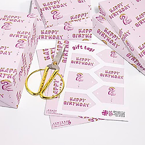 CENTRAL 23 Pink Wrapping Paper - 6 Sheets Wrapping Paper for Girls - 2 Years Old - Happy Birthday Wrapping Paper - Age Two - Comes With Stickers - Recyclable