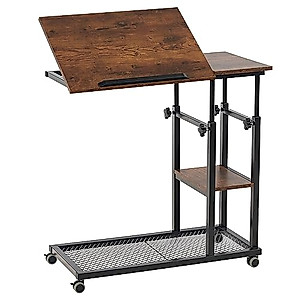 Apicizon Height Adjustable C Shaped Side Table, Couch Side Table with Wheels and Storage Shelves, Tilted C Shaped End Table for Living Room, Overbed Table for Bedroom, Brown