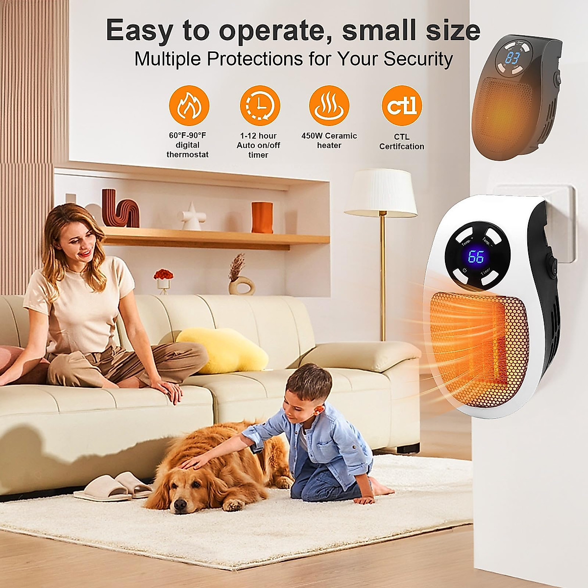 450W Mini Space Heater With Temperature Detection, Remote Wall Outlet Electric Space Heater as Seen on TV with Adjustable Thermostat and Timer and Led Display, Compact for Office Room RV (Smart-White)