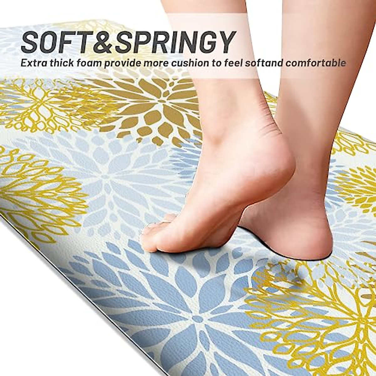 FYATHM Kitchen Mats for Floor Anti Fatigue Mats for Kitchen Floor Floral Kitchen Rugs Cushioned Non Slip Memory Foam Waterproof Mats for Sink Office Bedroom Blue Yellow