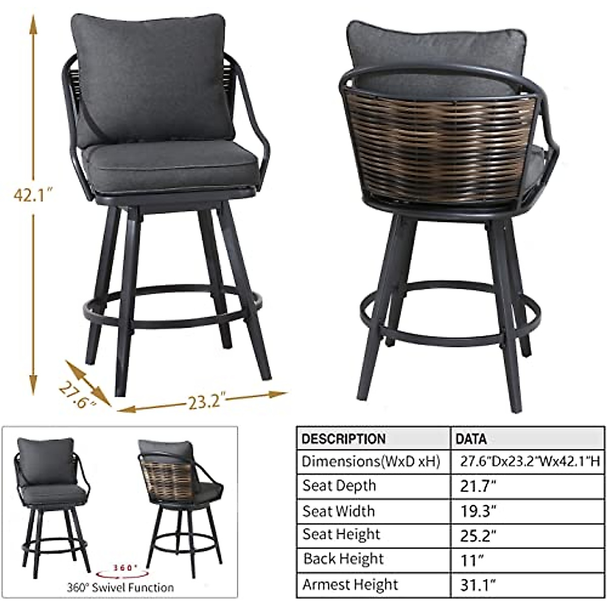 PatioFestival Outdoor Swivel Bar Stools Set of 2,Bar Height Patio Chairs Cushioned Metal All Weather Garden Furniture for Deck Porch Backyard