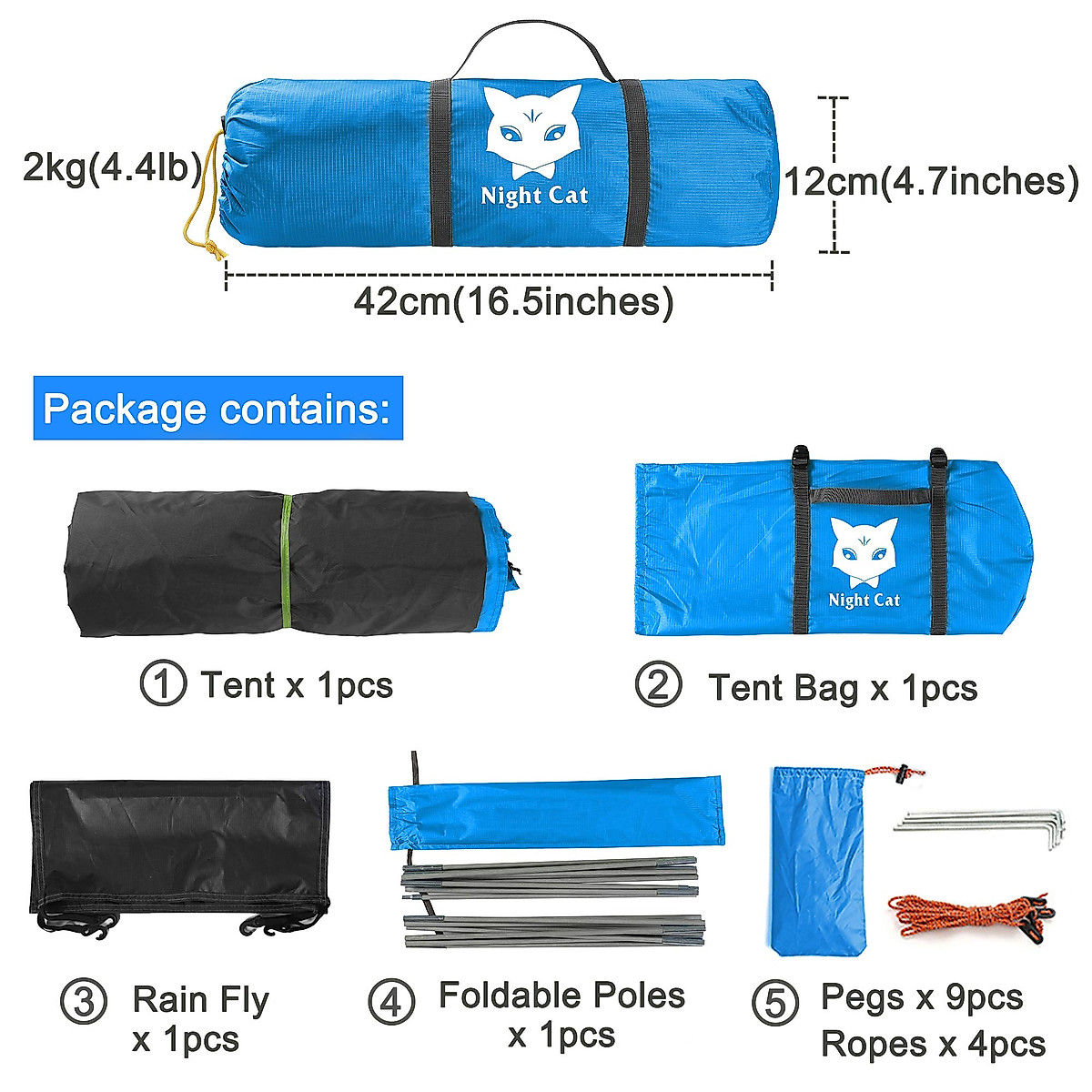 Night Cat Backpacking Tent for One 1 to 2 Persons Lightweight Waterproof Camping Hiking Tent for Adults Kids Scouts Easy Setup Single Layer 2.2x1.2m