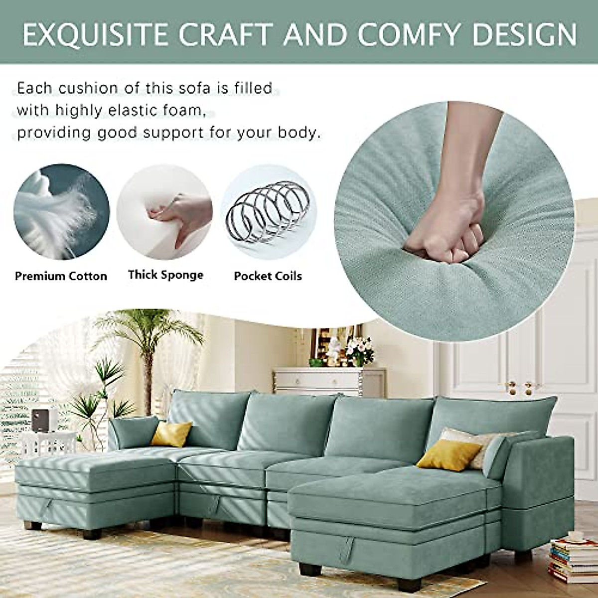 115" Oversized Modular Storage Sectional Sofa Couch Convertible Sleeper Sofabed with SeatStorage ,Linen Upholstered U-Shaped Symmetrical 6 Seaters Sofa & Couch for Home Office Apartment Living Room