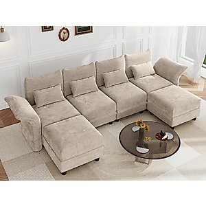 LLappuil 6 Seater Sectional Sofa U Shaped Modular Couches Deep Seated Modular Sofas for Living Room with Ottoman, Adjustable Armrest Backrest,Luxury Chenille, Khaki